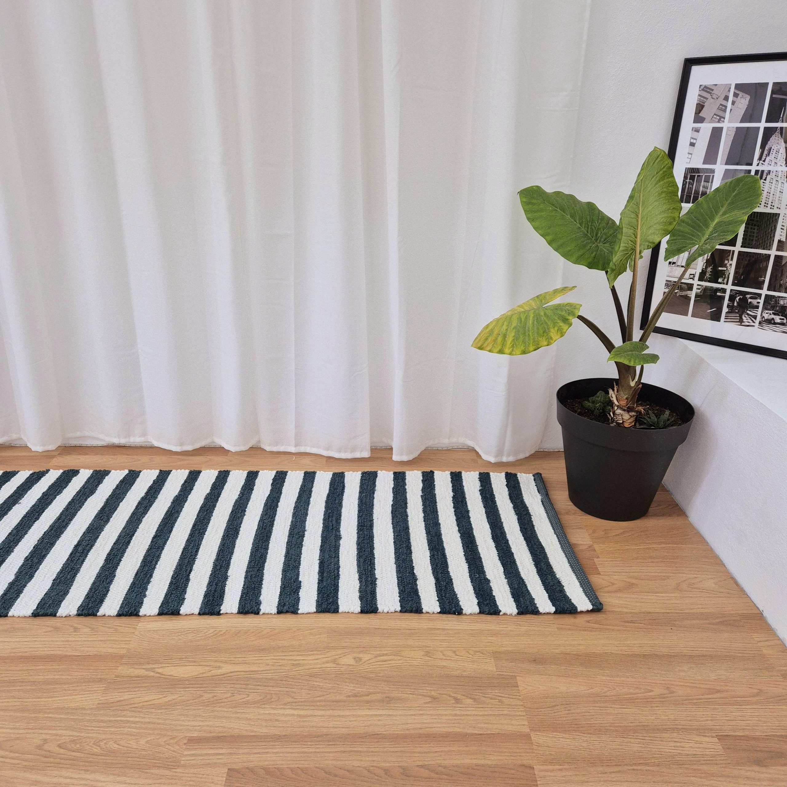 Long Runner White and Blue Rug - 60x300cm - Ring Line Rug - PadaWorks