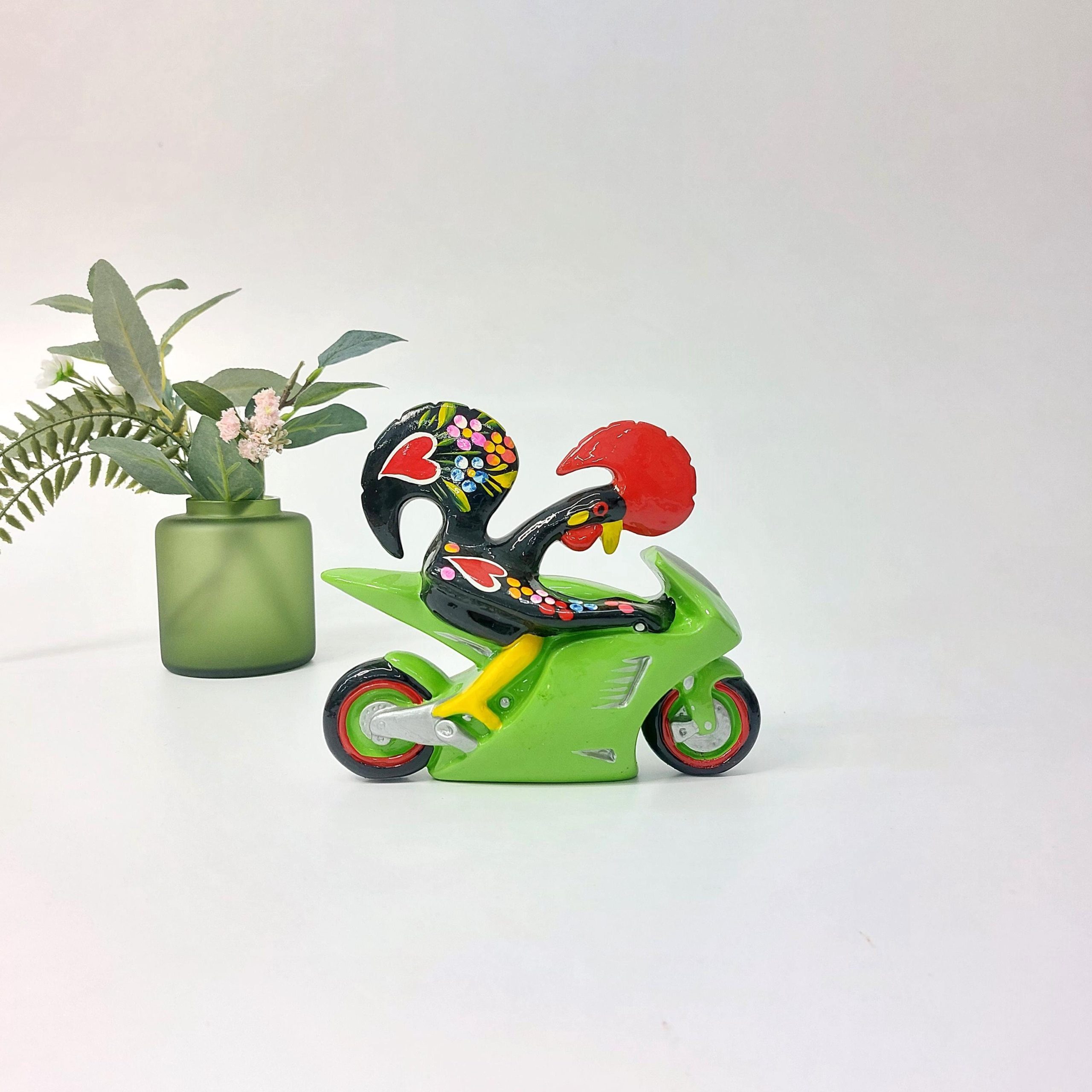 Green Track Motorcycle With Multicolor Rooster - PadaWorks
