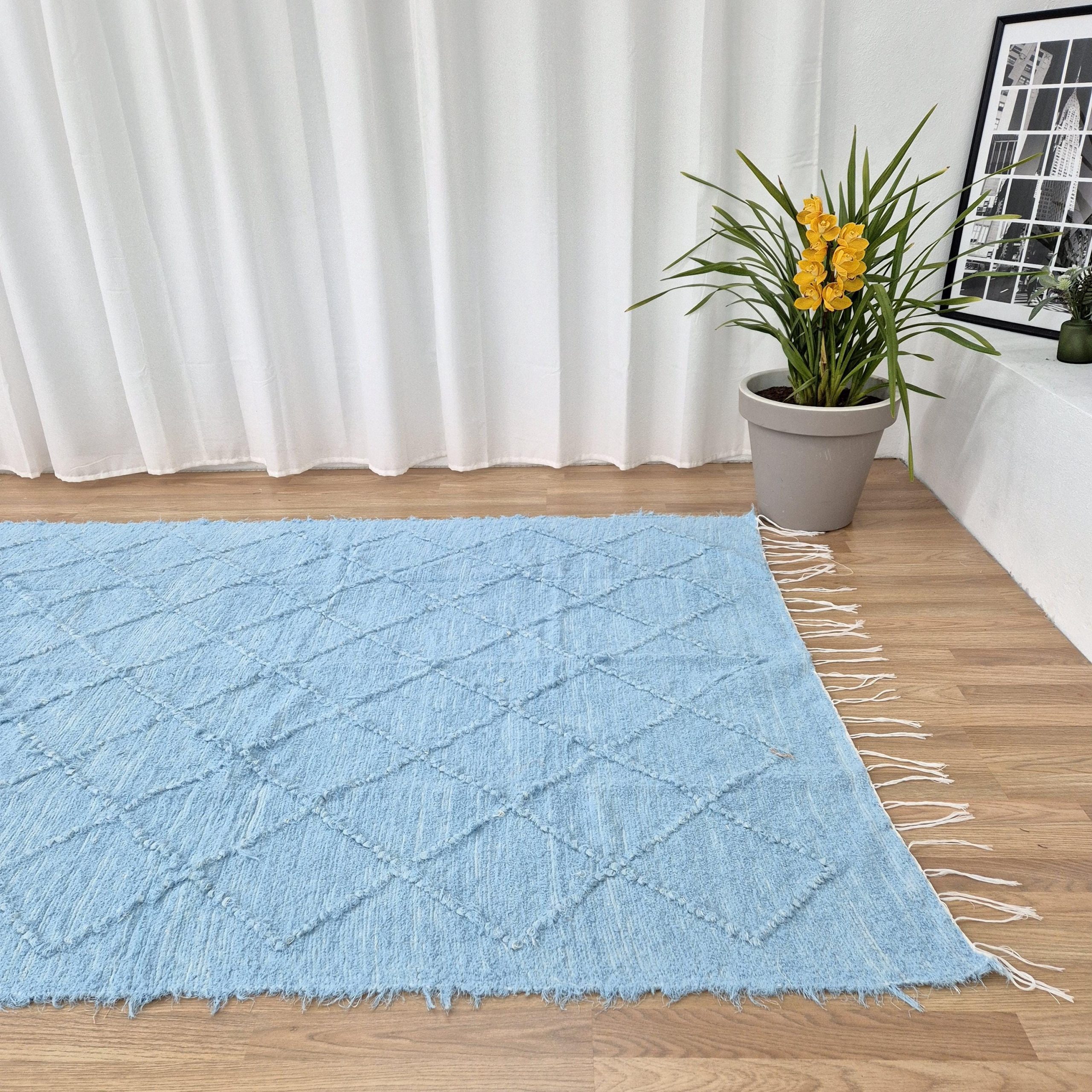Large Blue Knotted Rug - 150x200cm - Soft Rug - PadaWorks