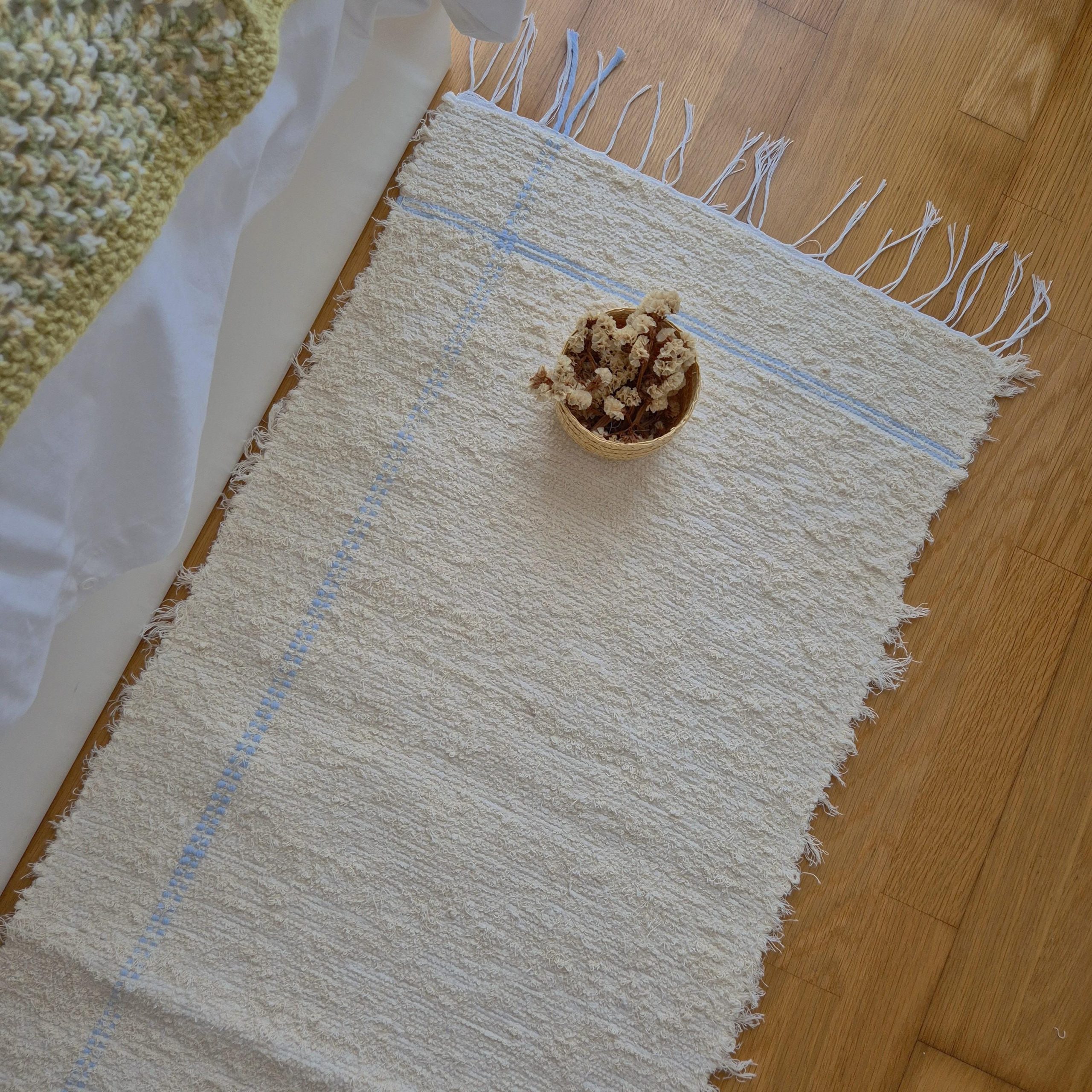 Runner Rug Cream With Double Blue Line L - 50x200cm - Soft Rug - PadaWorks